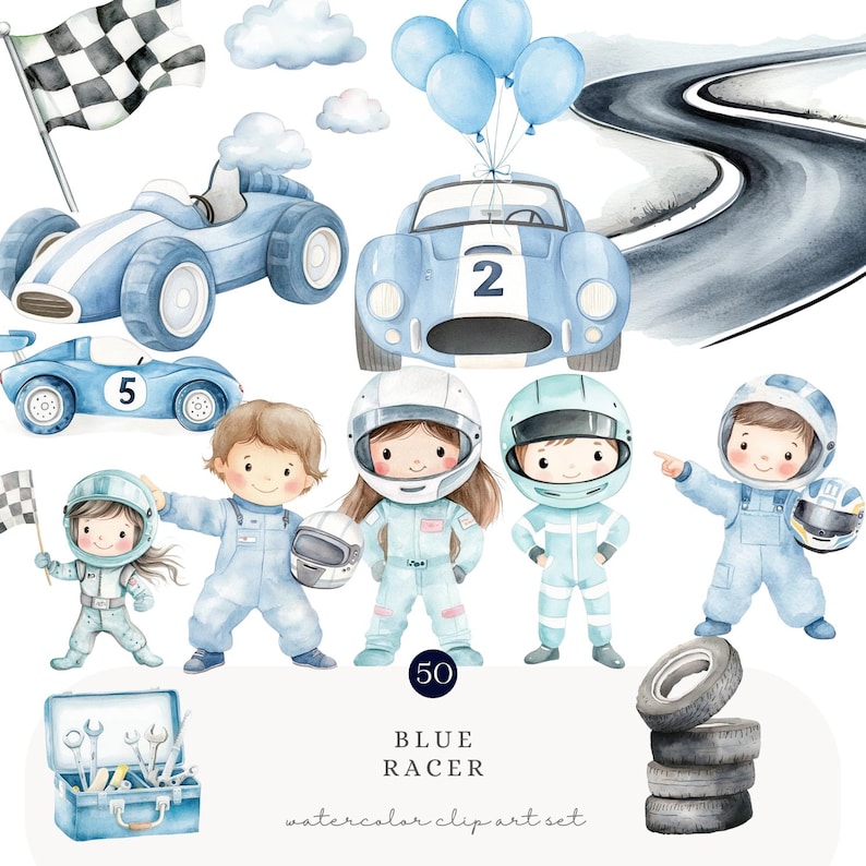 Watercolor Race Car Clipart Bundle Blue Racing Party Boys Birthday PNG ...