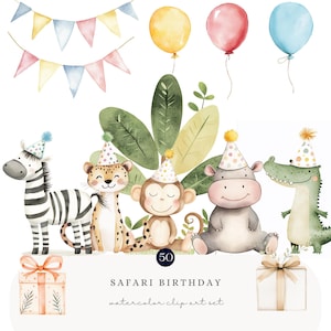 Safari Birthday Watercolor Clipart - Cute Jungle Animal Party ...
