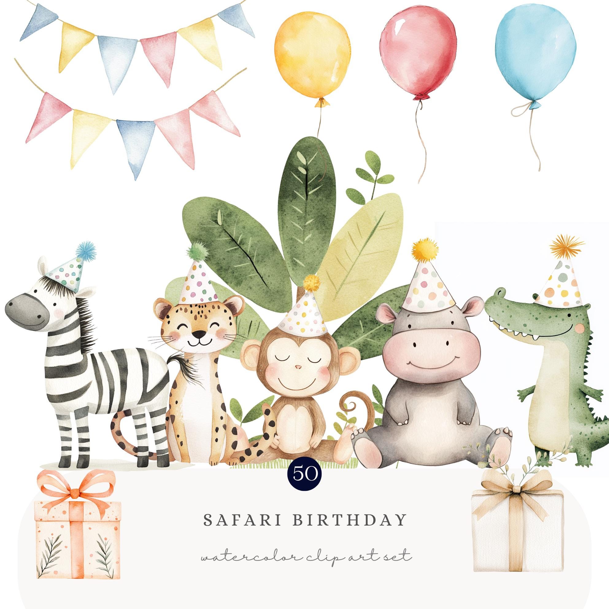 Safari Birthday Watercolor Clipart – Jungle Animals, Party Decorations ...