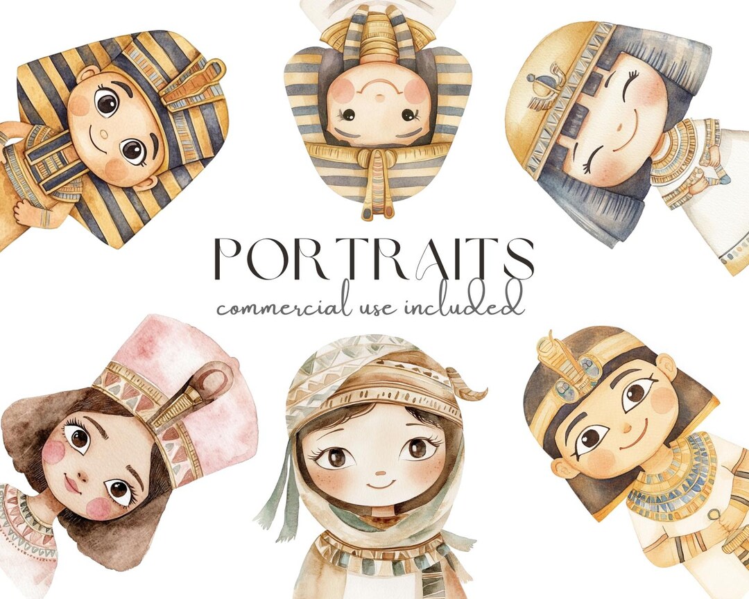 Egyptian Portraits Watercolor Clipart Bundle | Cute Pharaoh Ancient ...
