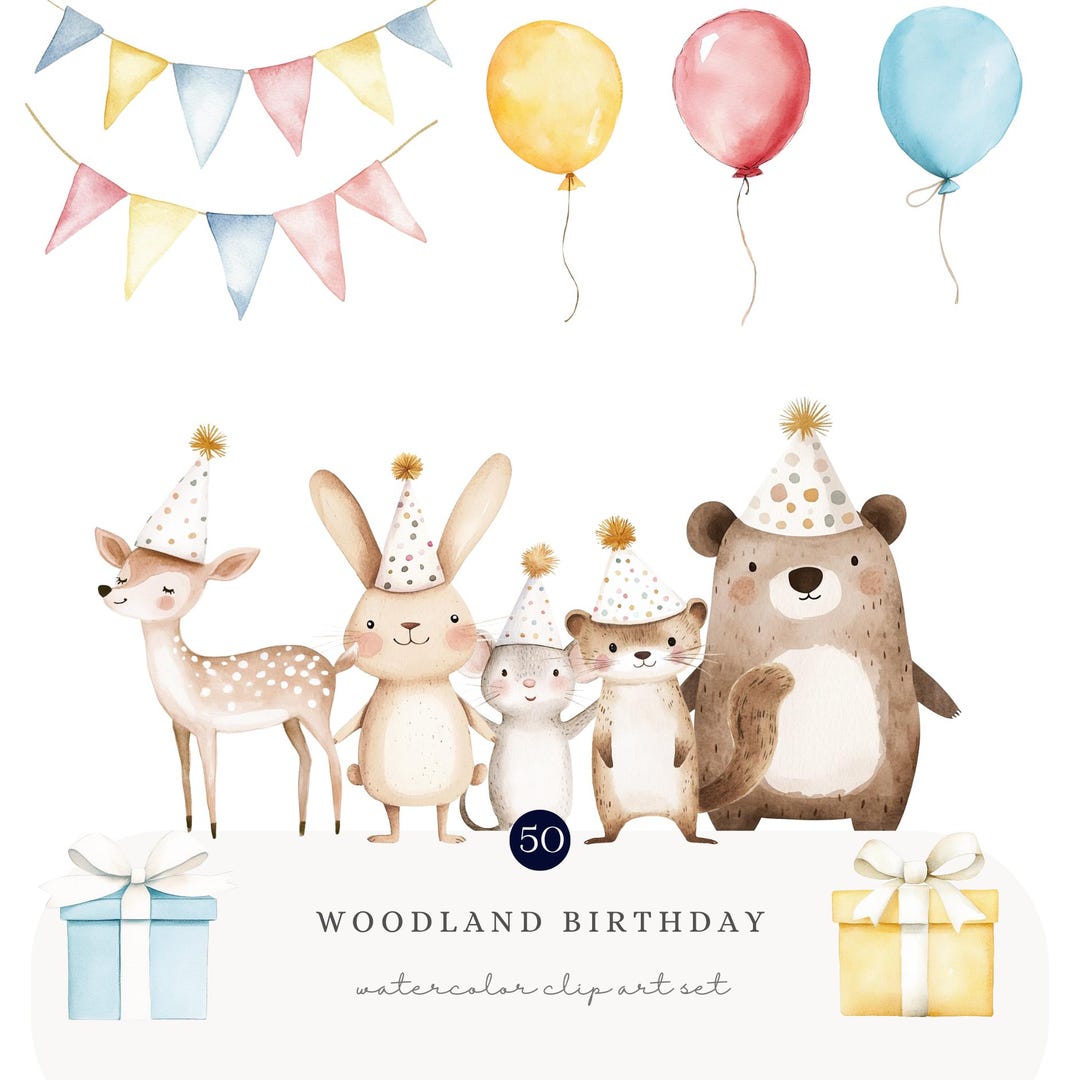 Woodland Birthday Watercolor Clipart – Forest Animals Party (commercial ...