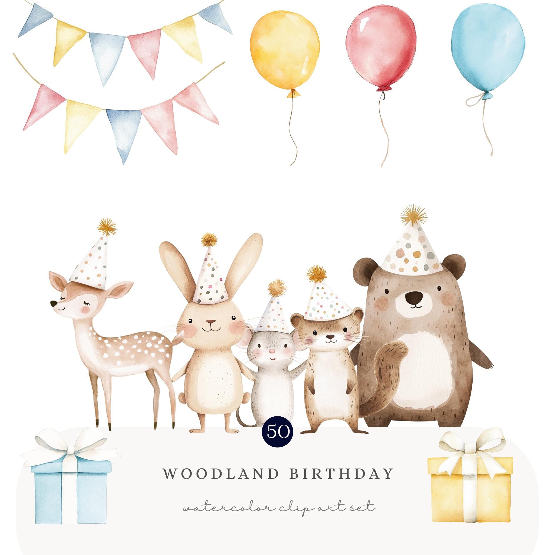 Woodland Birthday Watercolor Clipart – Forest Animals Party (commercial ...