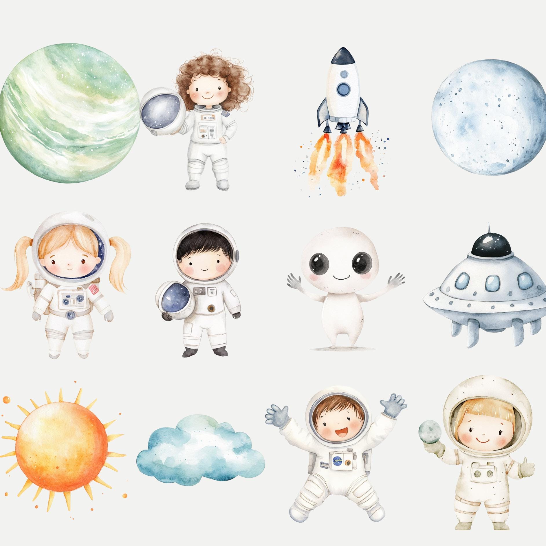 Astronaut Clipart – Watercolor Space Kids PNG, Rockets & Planets - Etsy