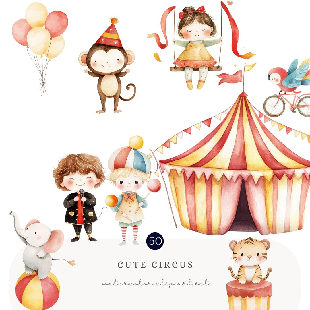Cute Circus Watercolor Clipart Bundle | Adorable Performers, Animals ...