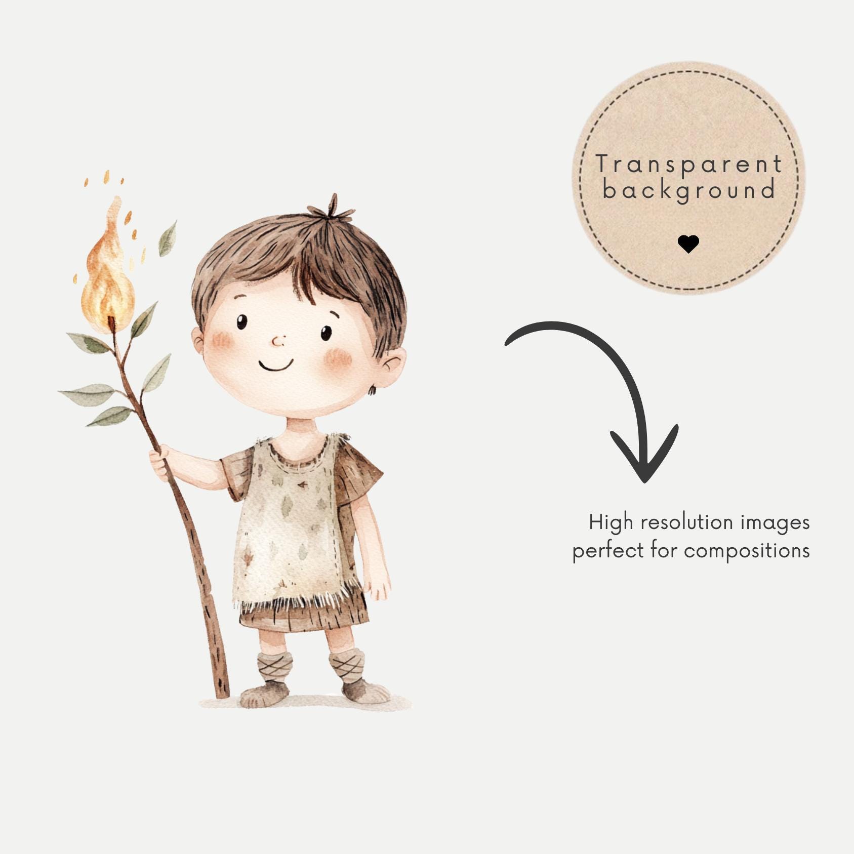 Stone Age Watercolor Clipart Set – Prehistoric Kids & Animals ...