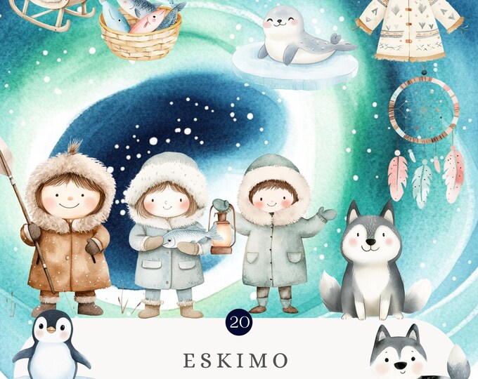 Arctic Eskimo Clipart. Cute Winter Background, Fishing Boys, Arctic ...