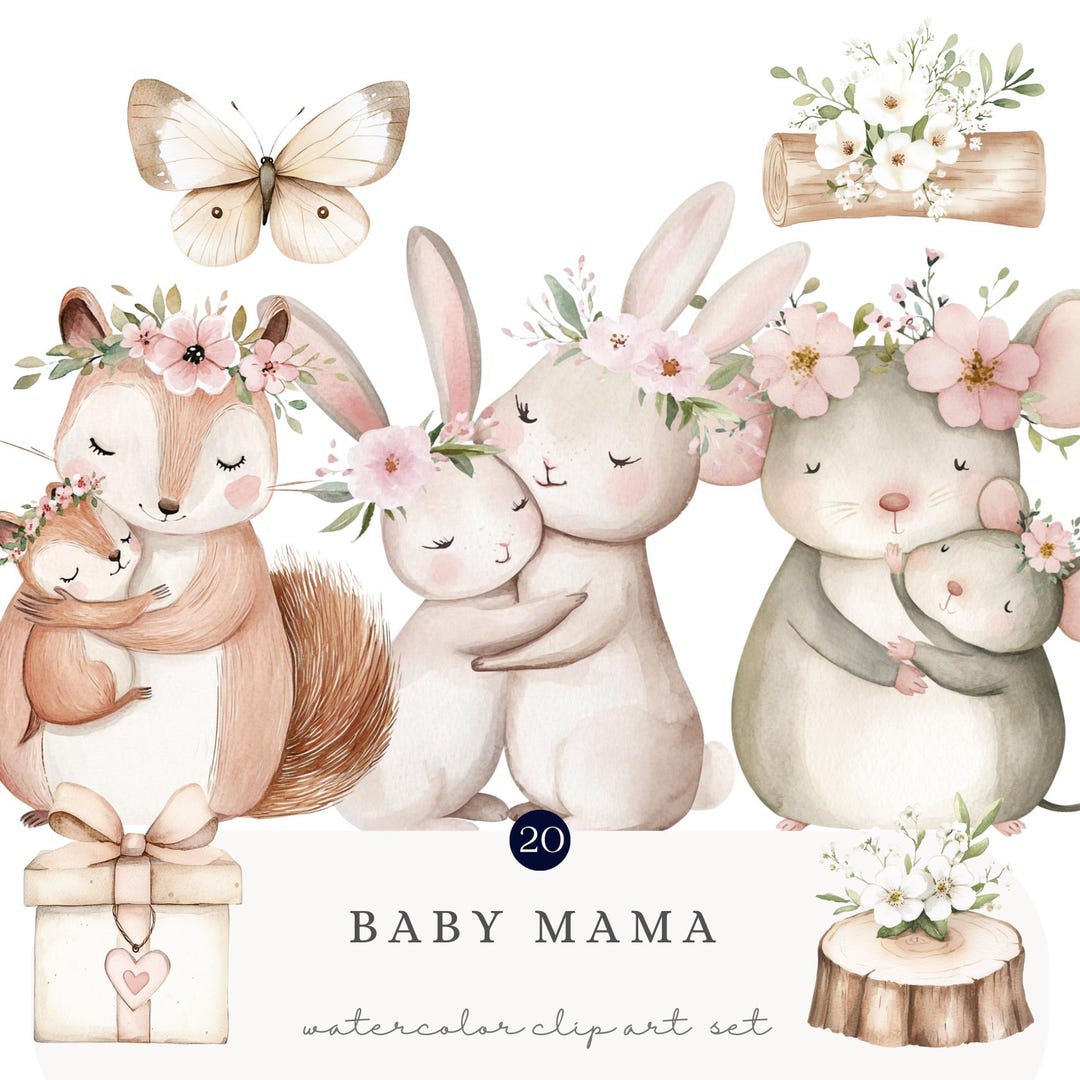 Baby Mama Clipart Set – Woodland Animal Mother and Baby Pngs, Floral ...