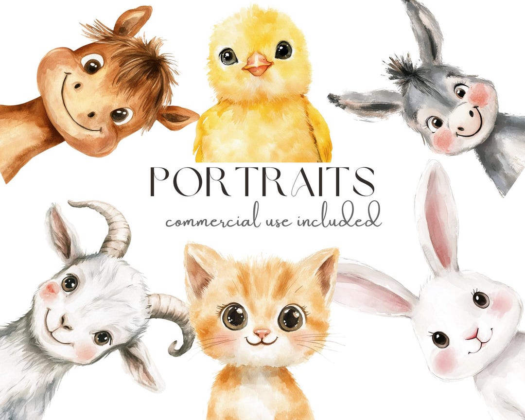 Watercolor Animal Portraits Clipart | Farm & Pet Faces PNG | Cute ...