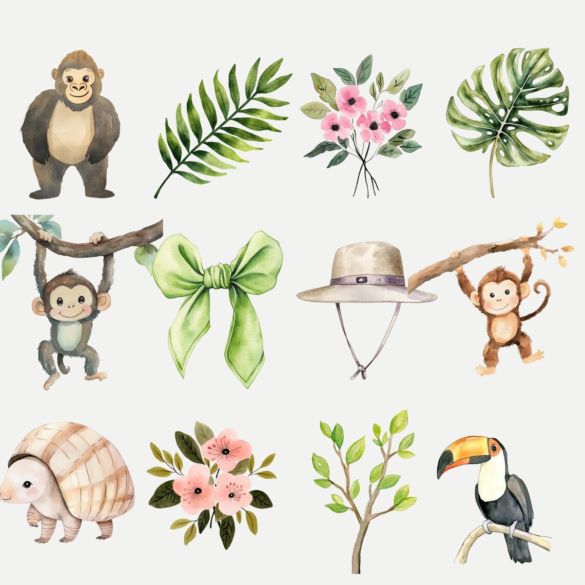 Jungle Safari Watercolor Clipart Set: Kids Animals, Tent (PNG Digital ...