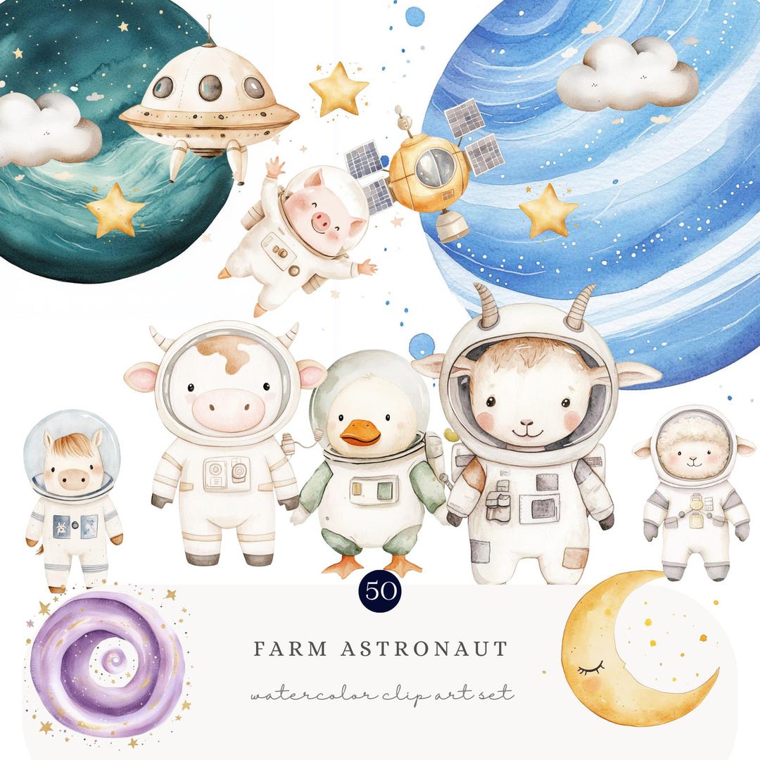 Watercolor Farm Astronaut Clipart, Space Animal Illustrations (digital ...