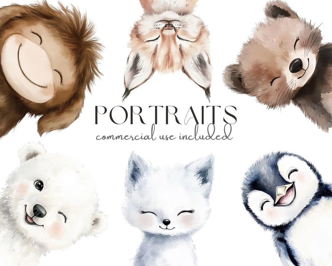 Arctic Animals Portraits Watercolor Clipart | Cute Smiling Faces With ...