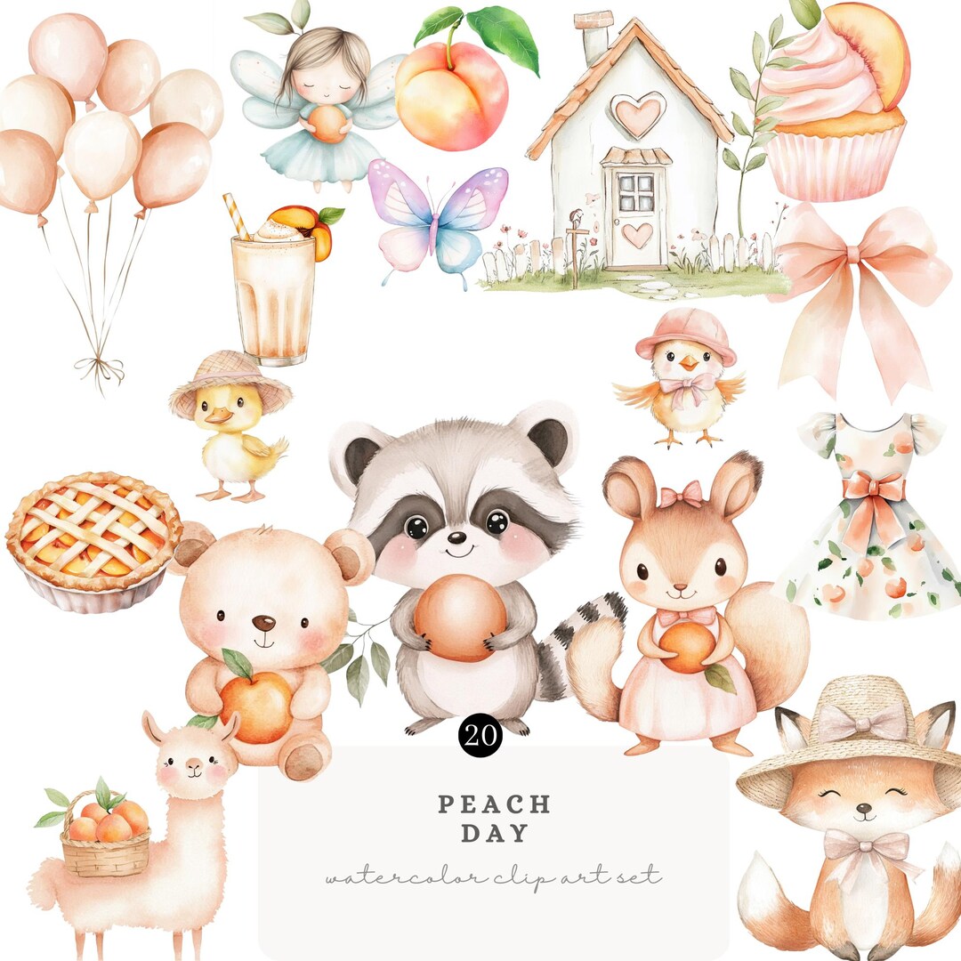 Peach Day Watercolor Clipart Set, Nursery Animals (PNG Digital Download ...