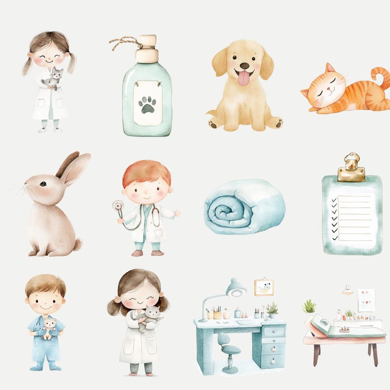Watercolor Vet Clinic Clipart, Pet Doctor PNG Bundle (digital Download ...