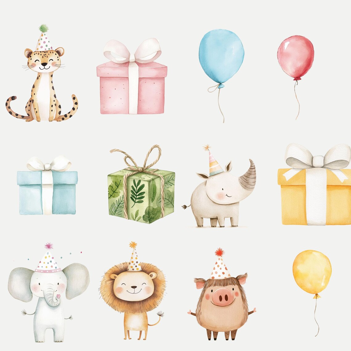 Safari Birthday Watercolor Clipart – Jungle Animals, Party Decorations ...