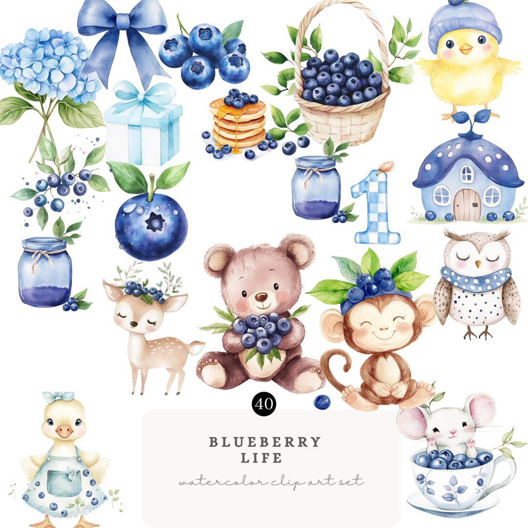 Blueberry Animal Watercolor Clipart Set, Nursery Art (PNG) - Etsy