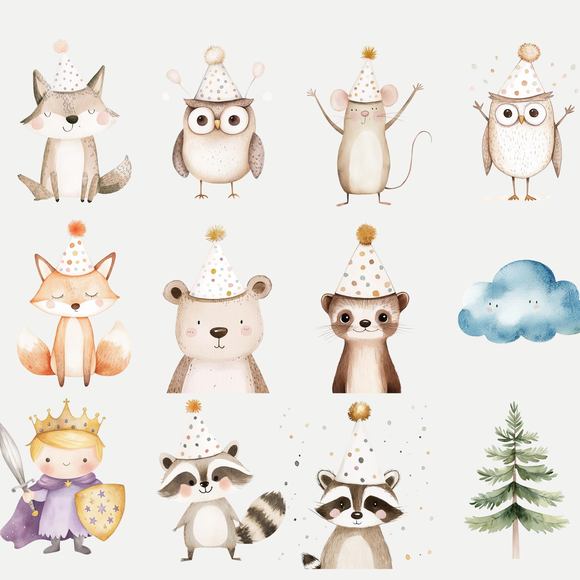 Woodland Birthday Watercolor Clipart - Cute Forest Animal Party ...