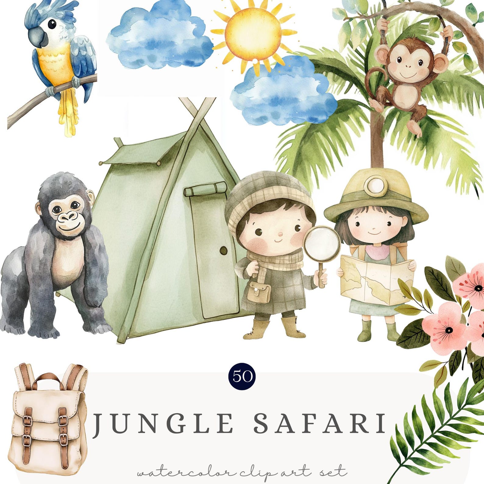 Jungle Safari Watercolor Clipart Set: Kids Animals, Tent (PNG Digital ...