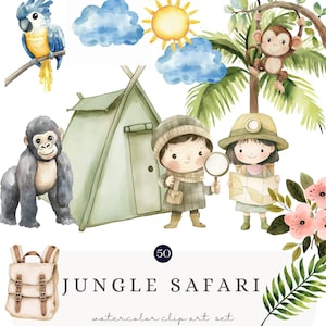 Jungle Safari Watercolor Clipart Set: Kids Animals, Tent (PNG Digital ...