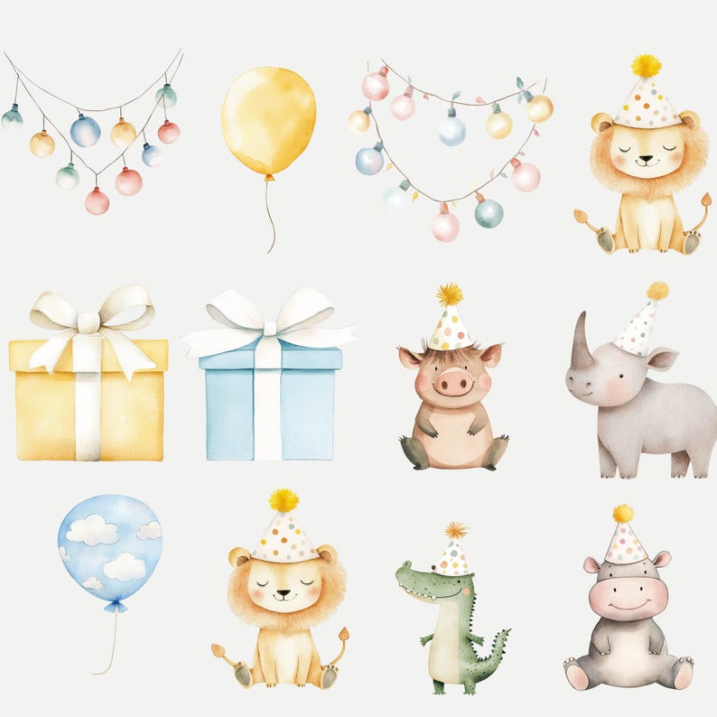 Safari Birthday Watercolor Clipart - Cute Jungle Animal Party ...