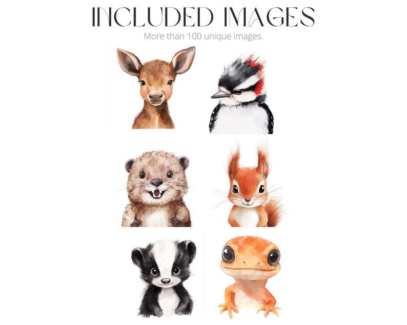 Adorable Woodland Animal Clipart Set - Watercolor Baby Animal Portraits ...