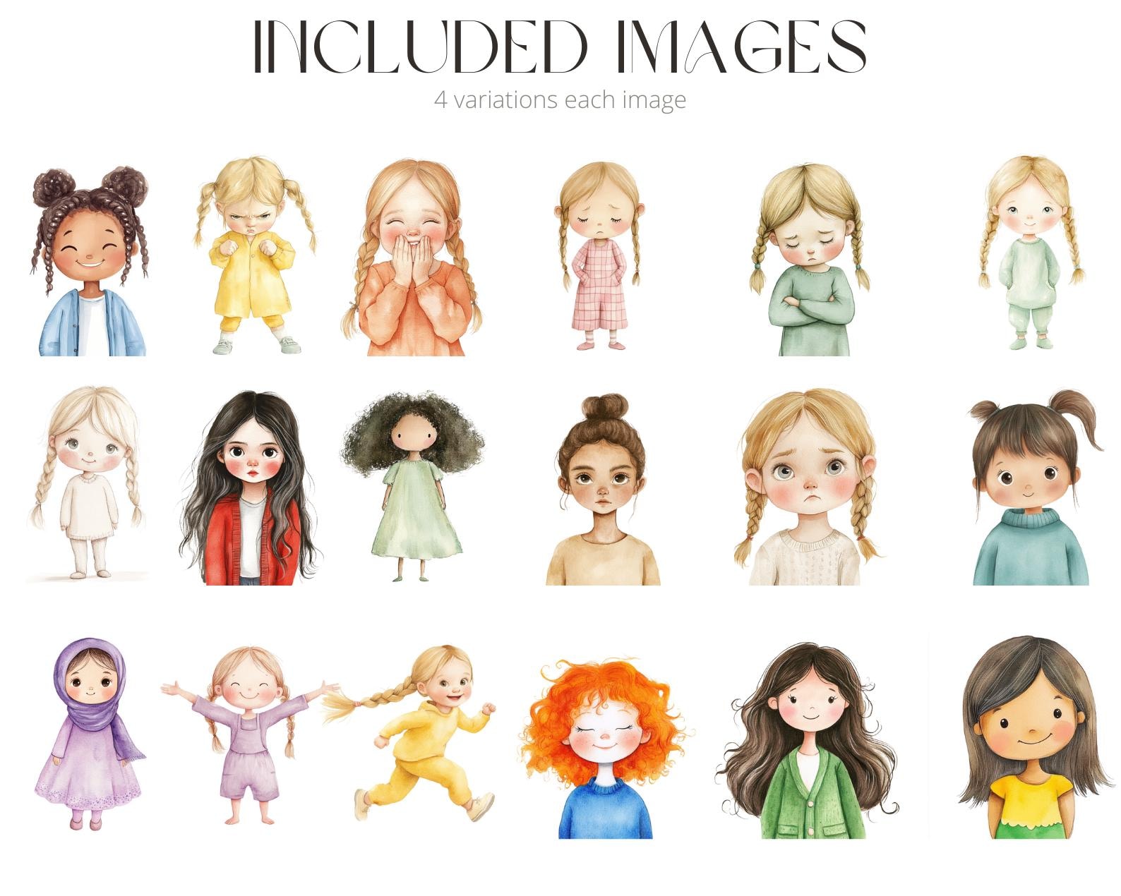 Watercolor Girl Emotions Clipart Bundle, Kids Facial Expressions ...