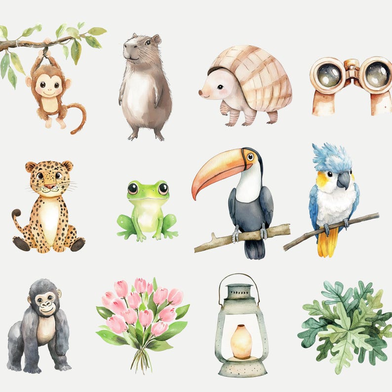 Jungle Safari Watercolor Clipart Set: Kids Animals, Tent (PNG Digital ...