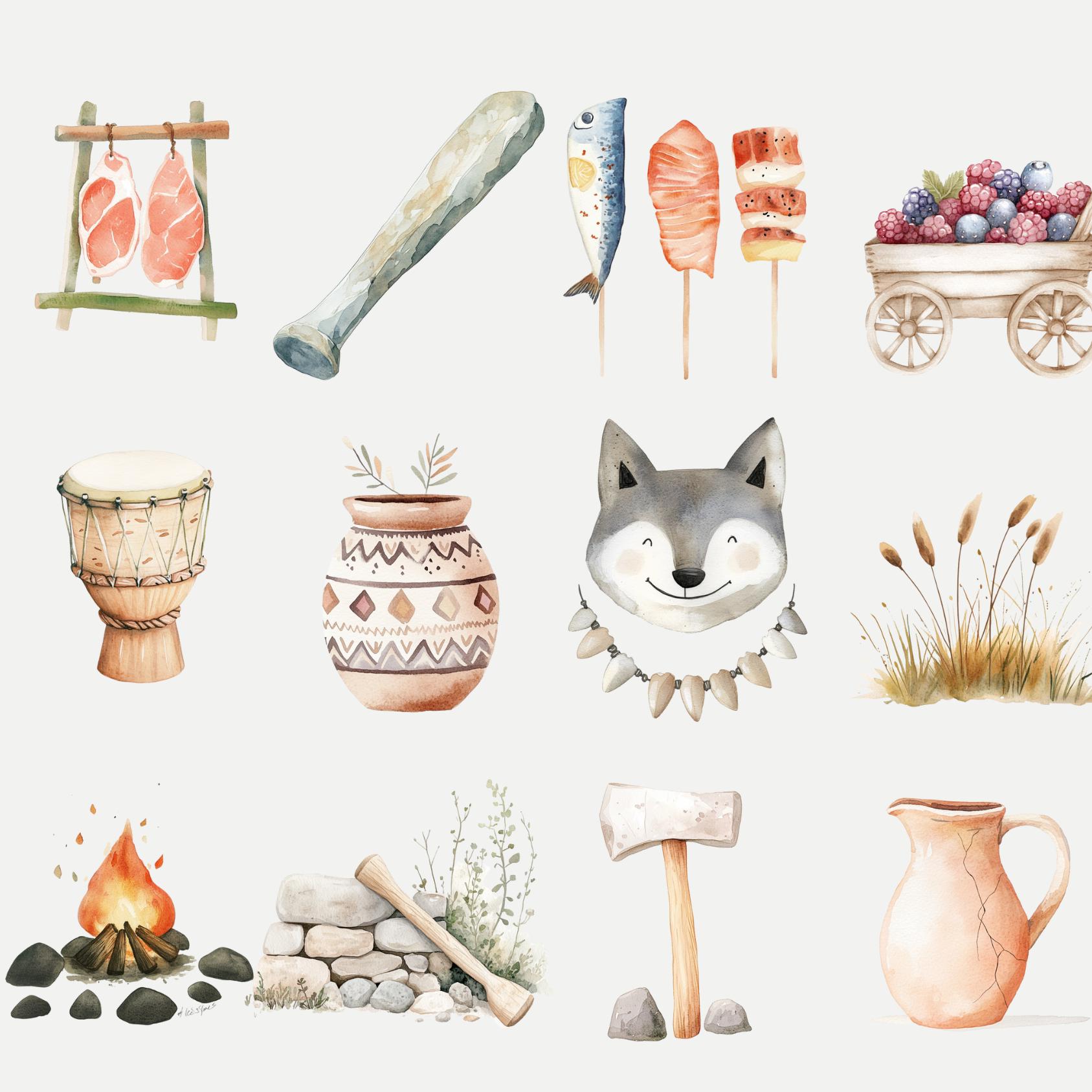Stone Age Watercolor Clipart Set – Prehistoric Kids & Animals ...