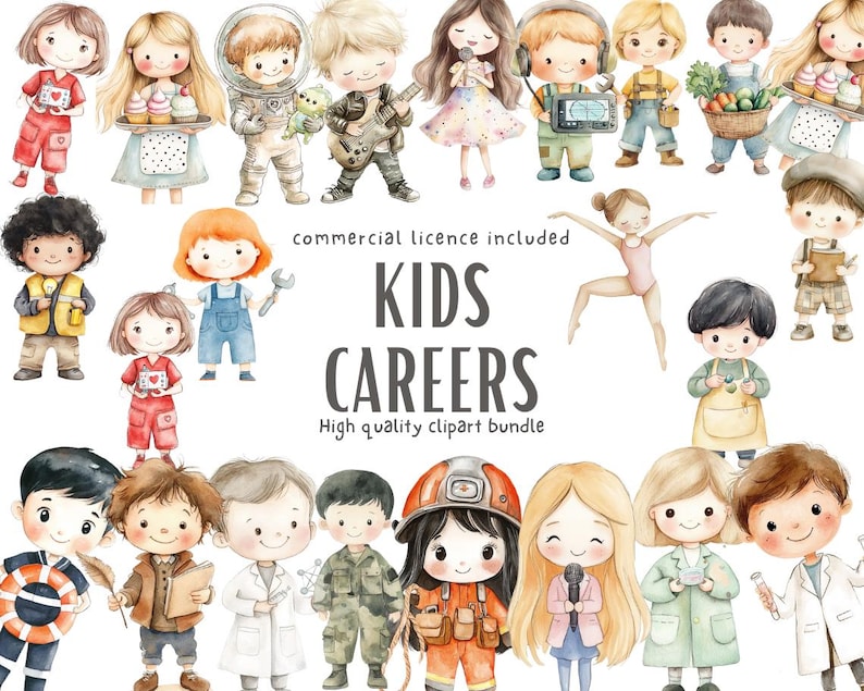 Kids Careers Watercolor Clipart Set - Cute Professions, Doctor ...