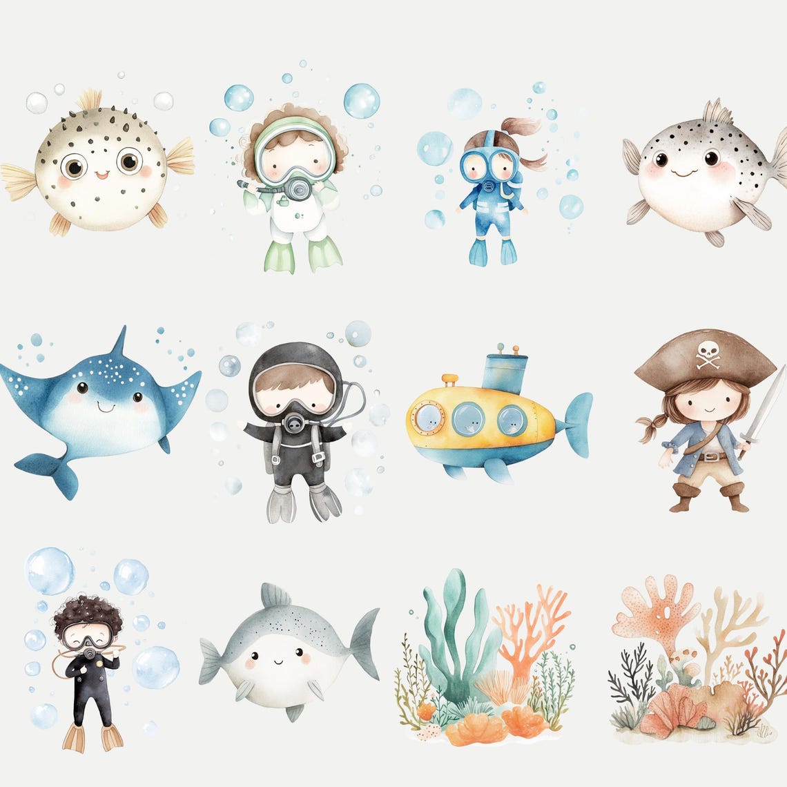 Cute Scuba Watercolor Clipart Bundle | Adorable Divers, Sea Creatures ...