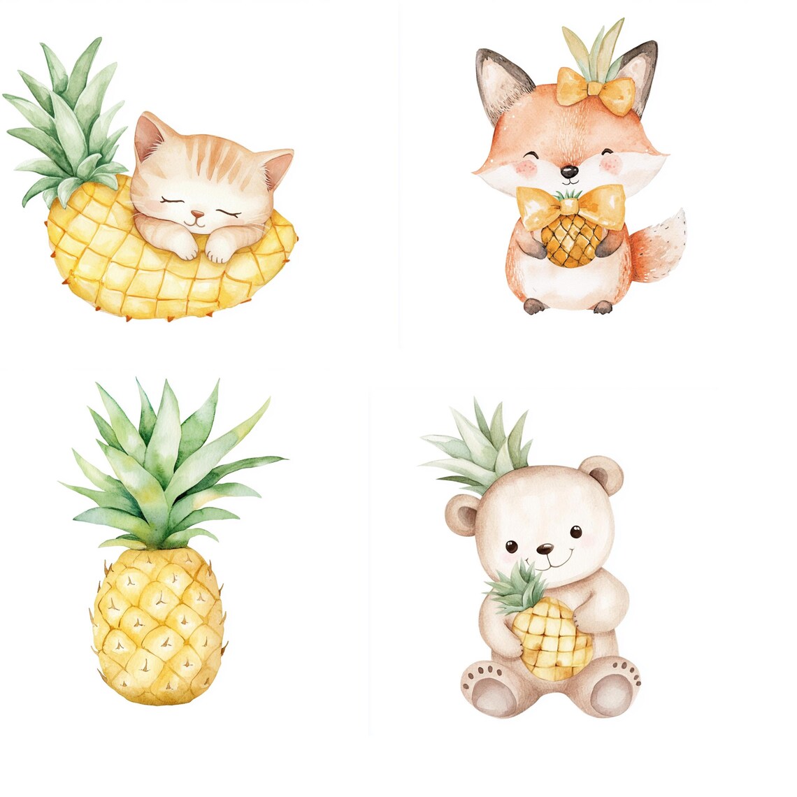 Pineapple Watercolor Clipart Set, Cute Tropical Animal PNG, Summer ...