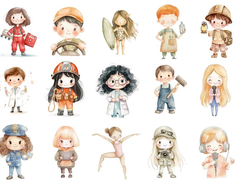 Kids Careers Watercolor Clipart Set - Cute Professions, Doctor ...