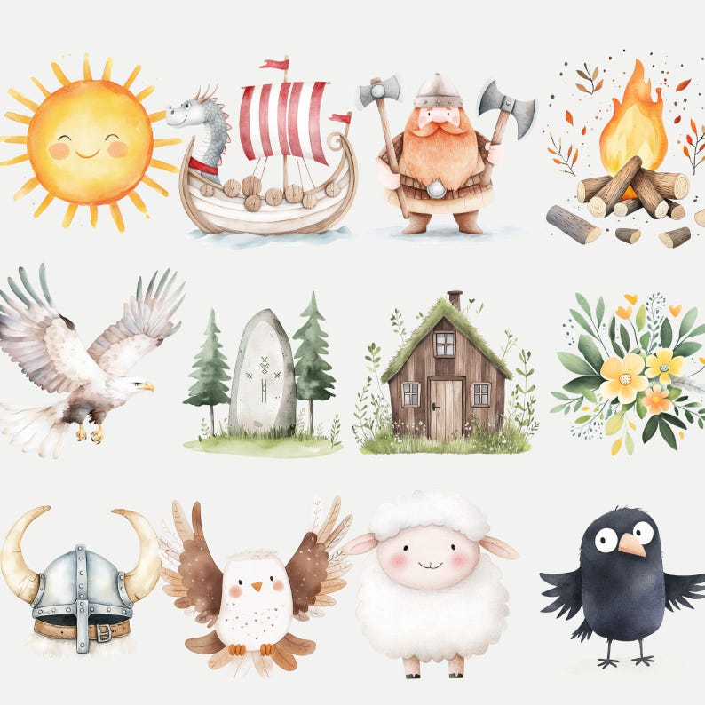 Cute Vikings Watercolor Clipart Bundle Adorable Norse Characters ...