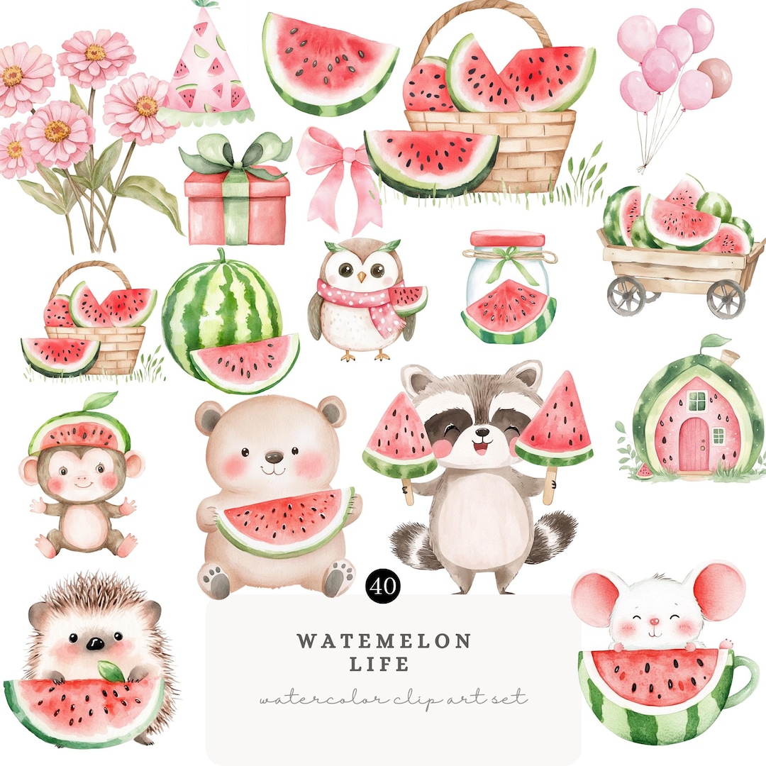 Watermelon Animals Watercolor Clipart Set, Nursery Art (PNG) - Etsy