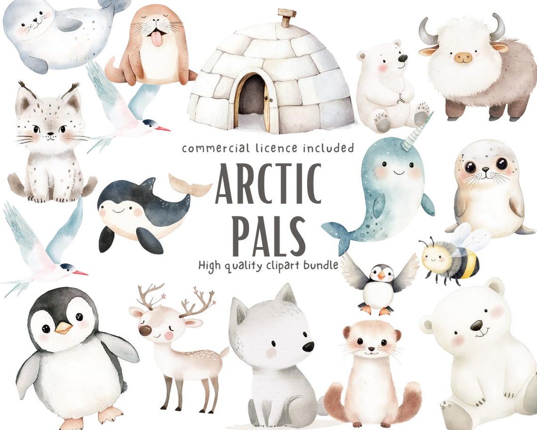 Arctic Pals Watercolor Clipart Bundle | Cute Winter Animals With ...