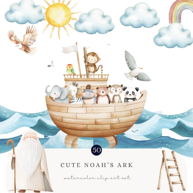 Watercolor Noah’s Ark Nursery Clipart Set Cute Animals, Rainbow, Clouds ...