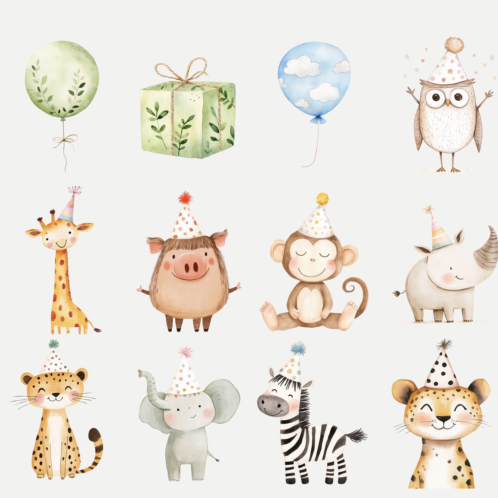 Safari Birthday Watercolor Clipart - Cute Jungle Animal Party ...