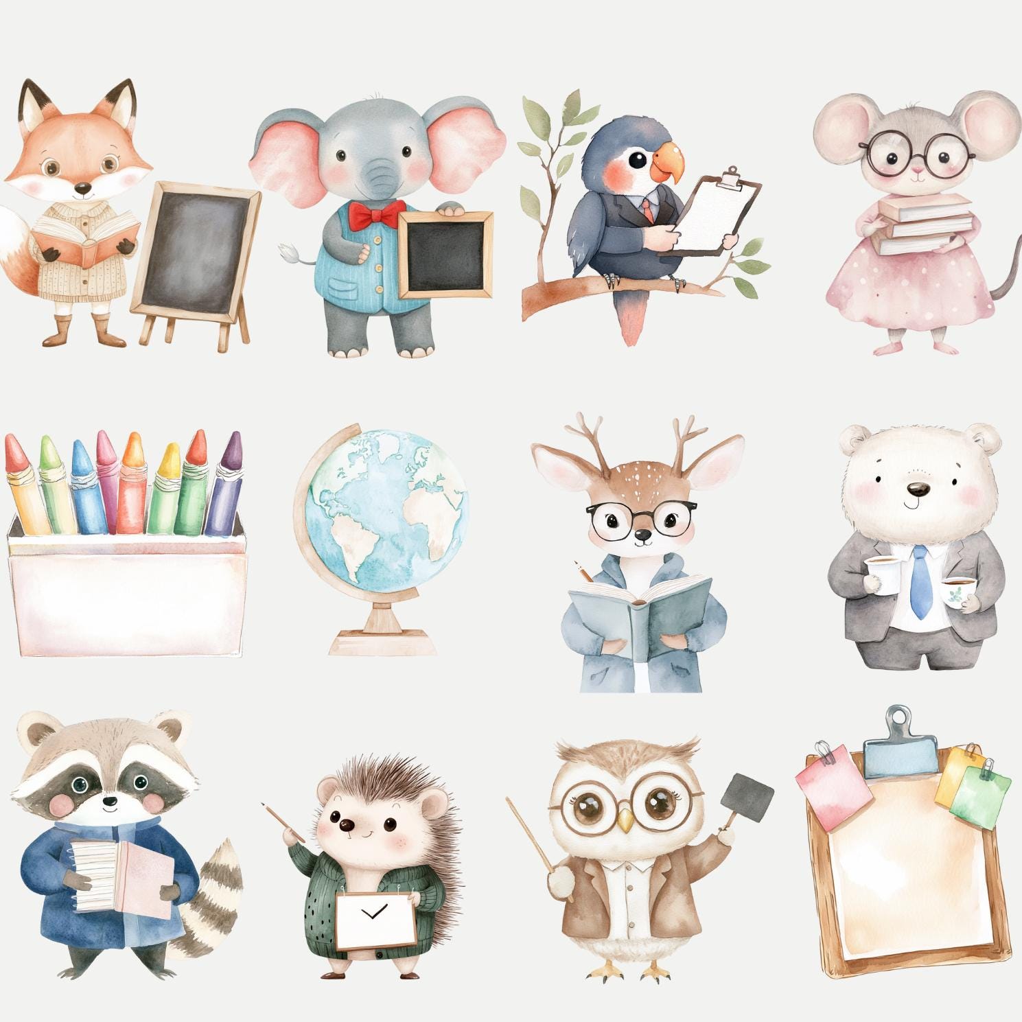 Watercolor Teacher Animal Clipart Set – Schoolhouse & Bus Illustrations ...