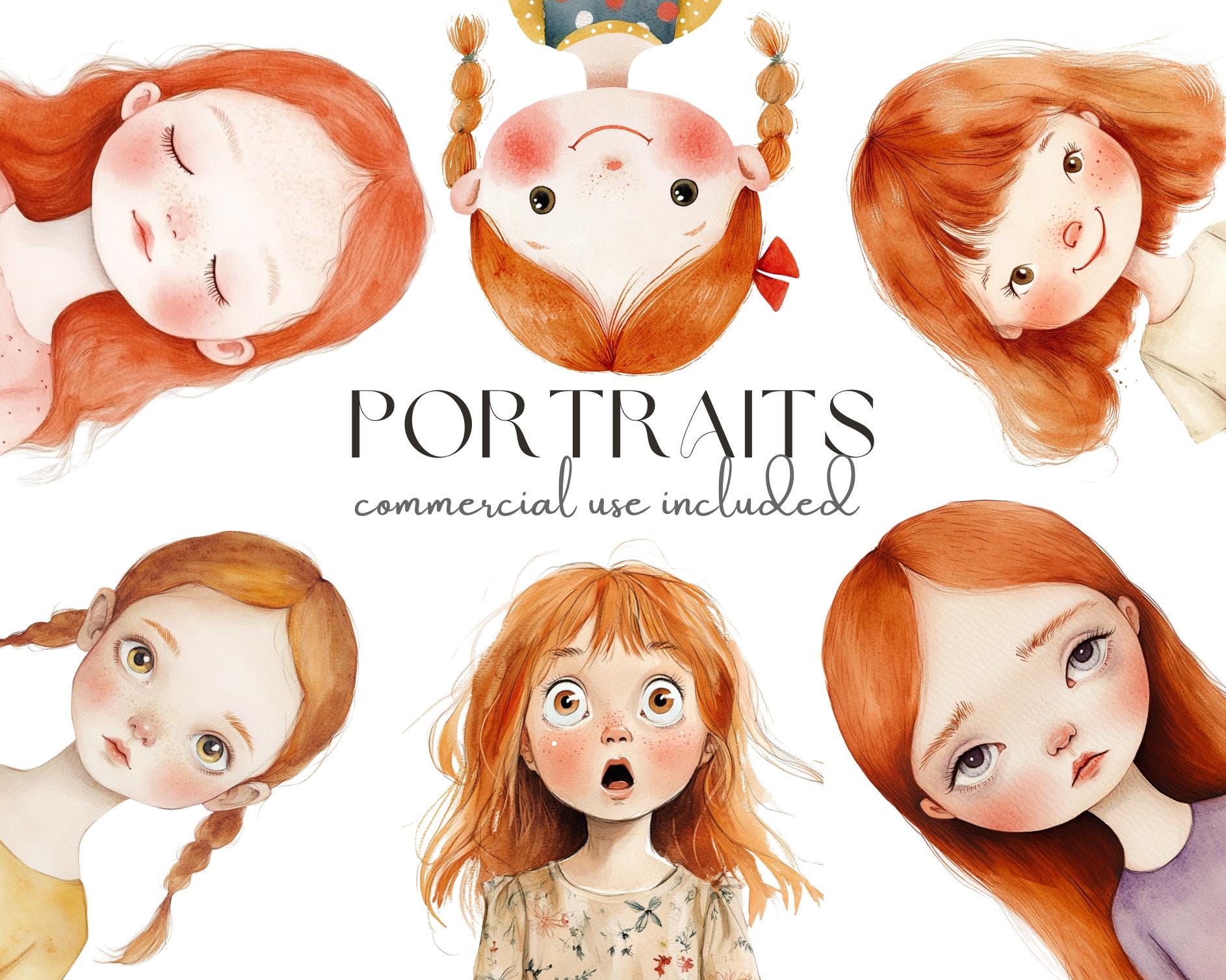 Watercolor Redhead Girl Portrait Clipart | Nursery Art (PNG) - Etsy