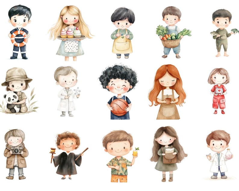 Kids Careers Watercolor Clipart Set - Cute Professions, Doctor ...