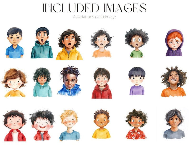 Watercolor Boy Emotions Clipart | Cute Kids Expression Png Set | Happy ...