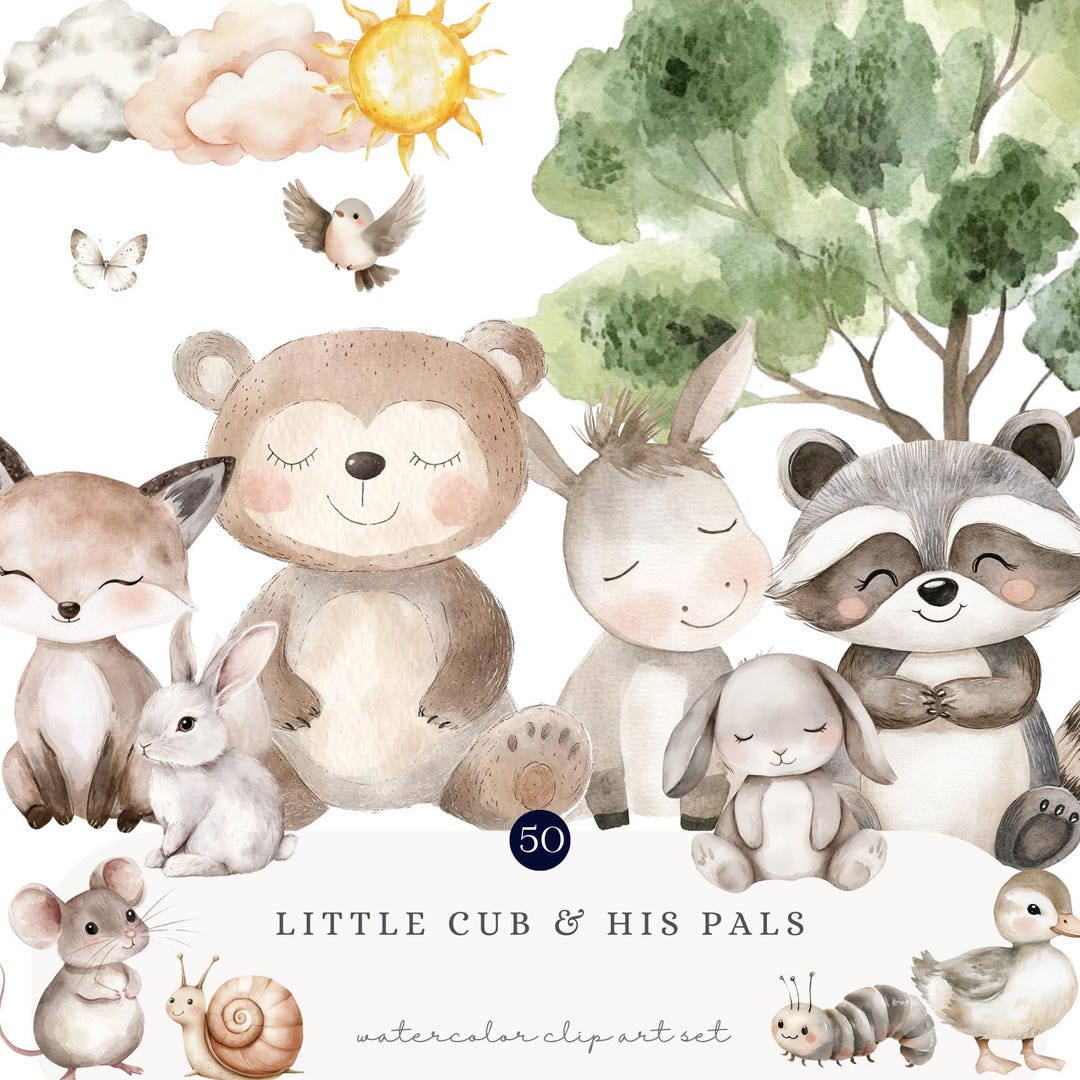 Woodland Animal Clipart Set | Little Cub and His Pals | Cute Watercolor ...