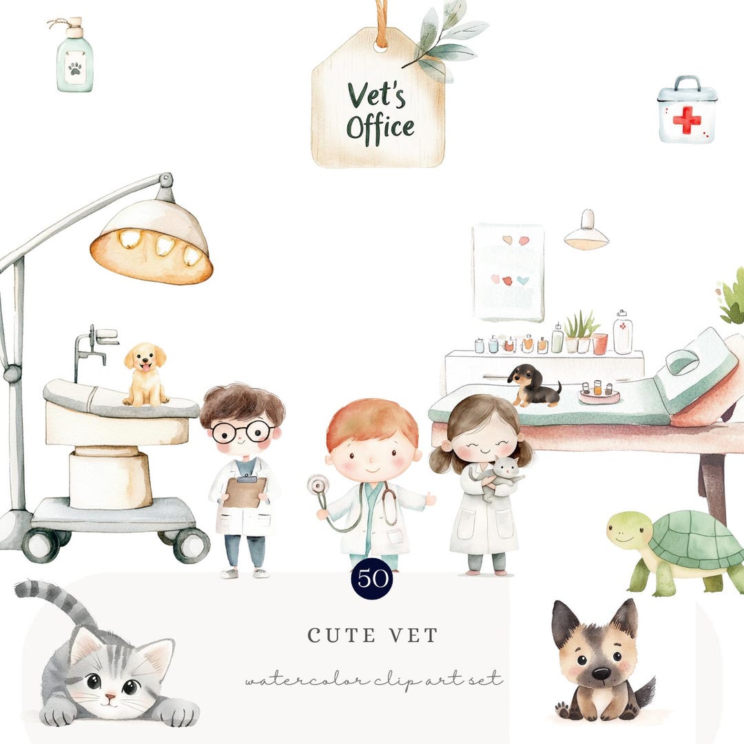 Watercolor Vet Clinic Clipart Set, Cute Veterinary Animals PNG, Pet ...