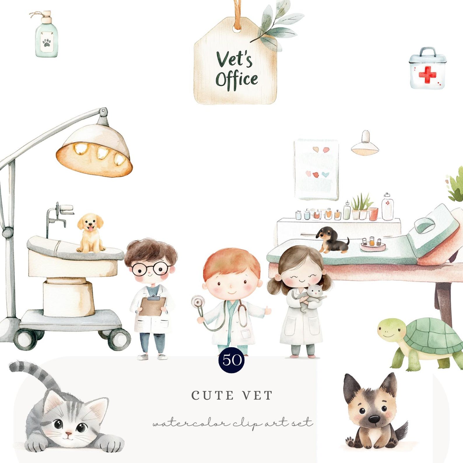 Watercolor Vet Clinic Clipart Set, Cute Veterinary Animals PNG, Pet ...