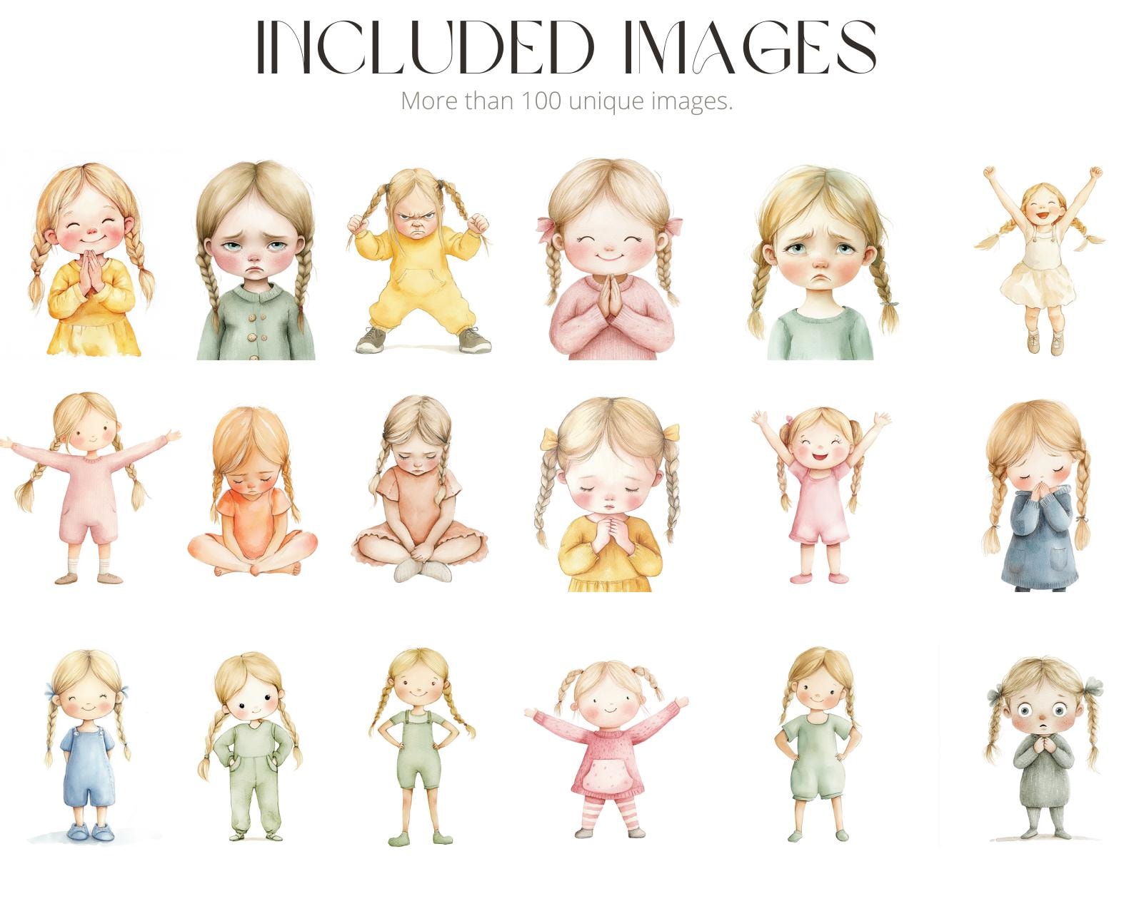 Watercolor Girl Emotions Clipart Bundle, Kids Facial Expressions ...