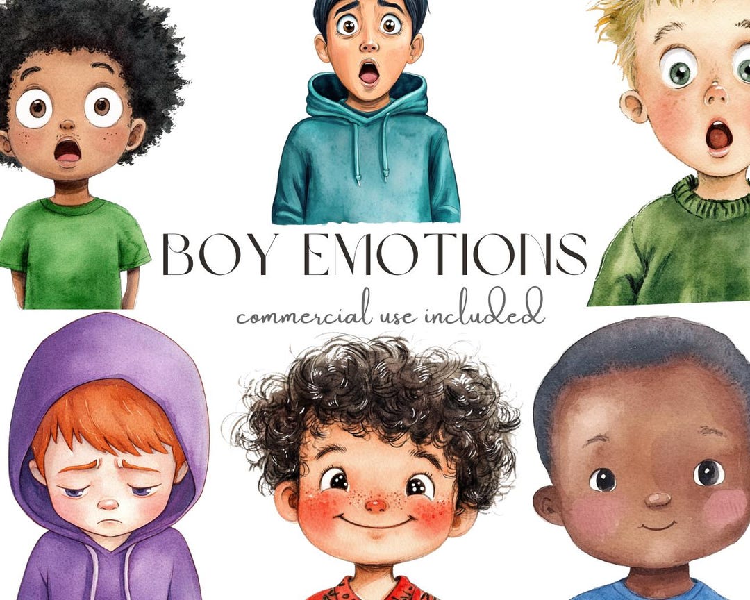 Watercolor Boy Emotions Clipart | Cute Kids Expression Png Set | Happy ...