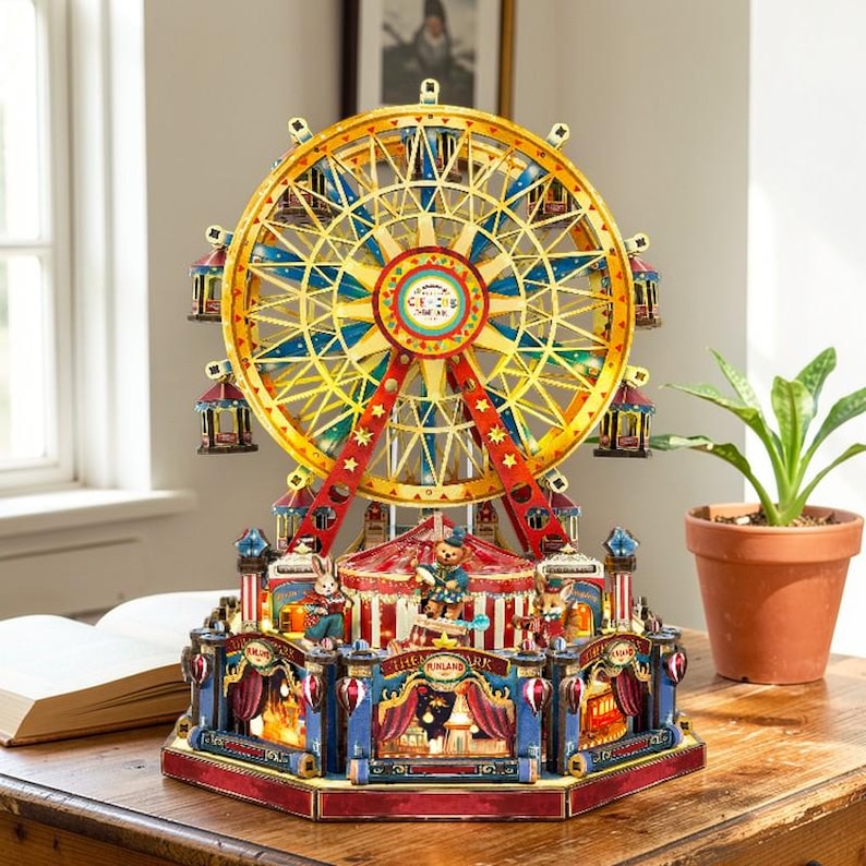 Rolife Ferris Wheel Music Box Kit, DIY 3D Wooden Puzzle Mini Theme Park ...