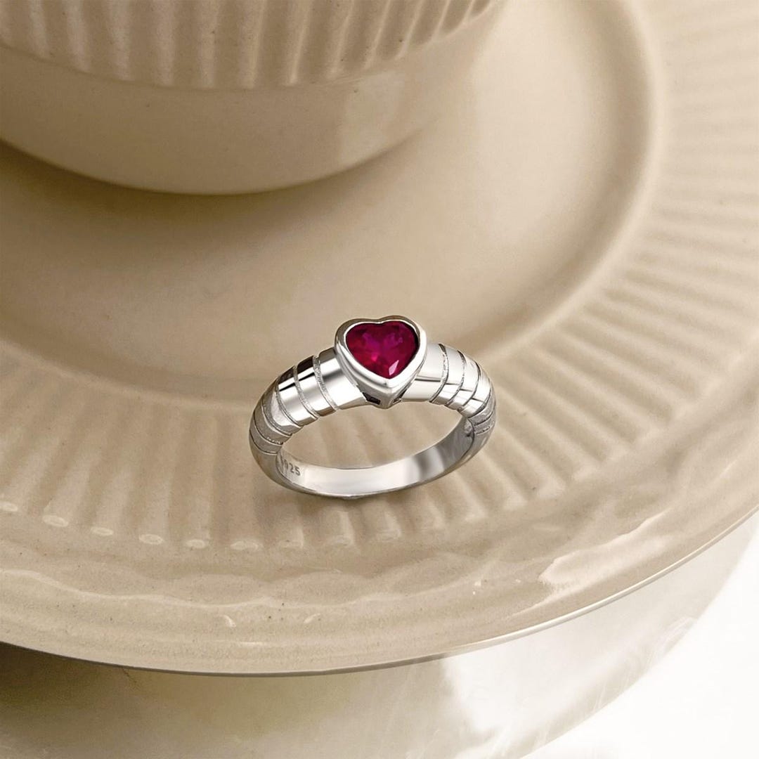Sterling Silver Ring: Ruby Red Heart, Ridged Band - Etsy