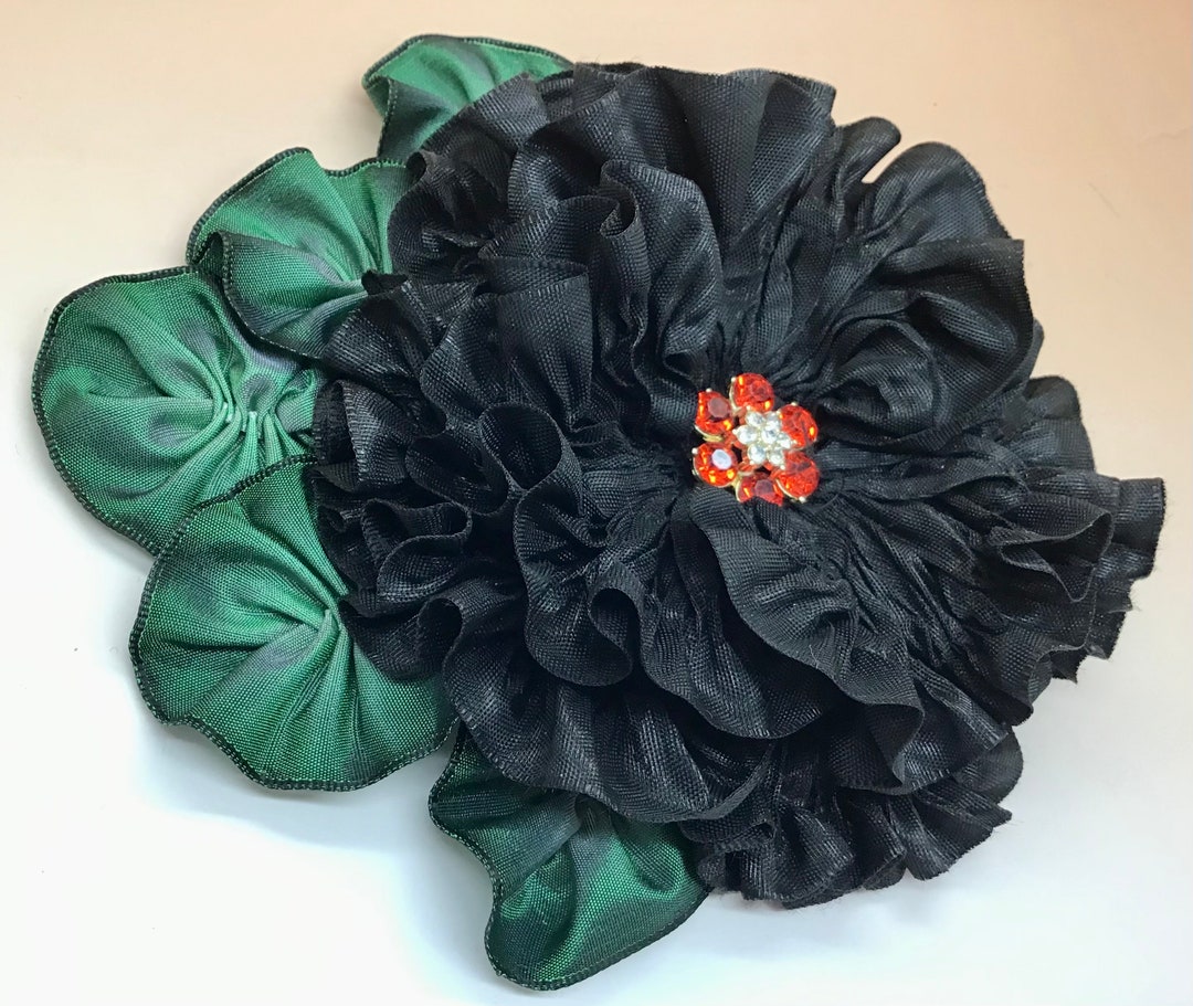 Black Moiré Pleated Millinery Flower With Red Rhinestone Center - Etsy