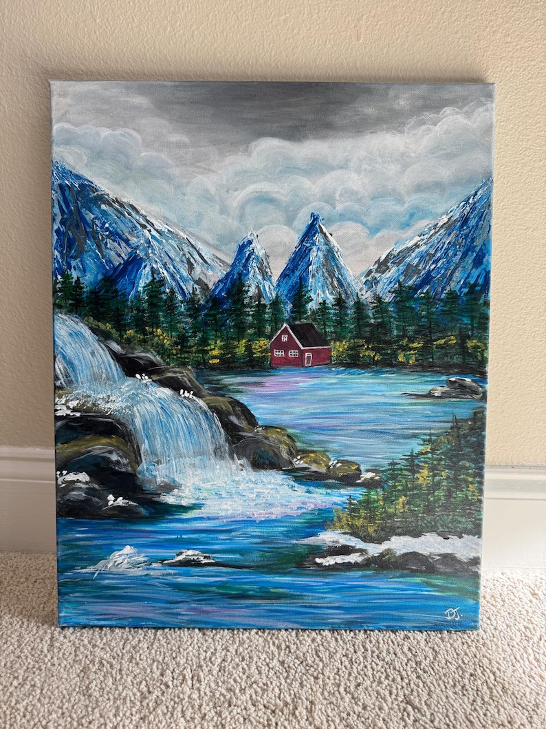 20"x16" Acrylic Canvas Painting, Nature, Mountain View, Waterfalls ...