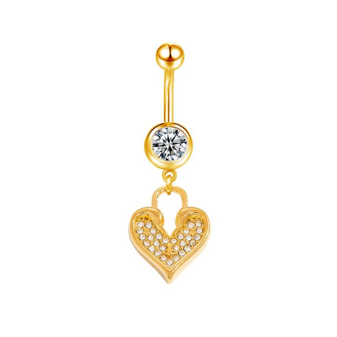 Gold Lock Heart CZ Belly Bar Waterproof Stainless Steel Dangle Piercing ...
